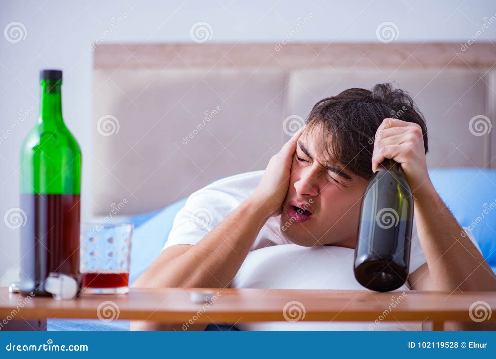The Man Alcoholic Drinking in Bed Going through Break Up Depression ...