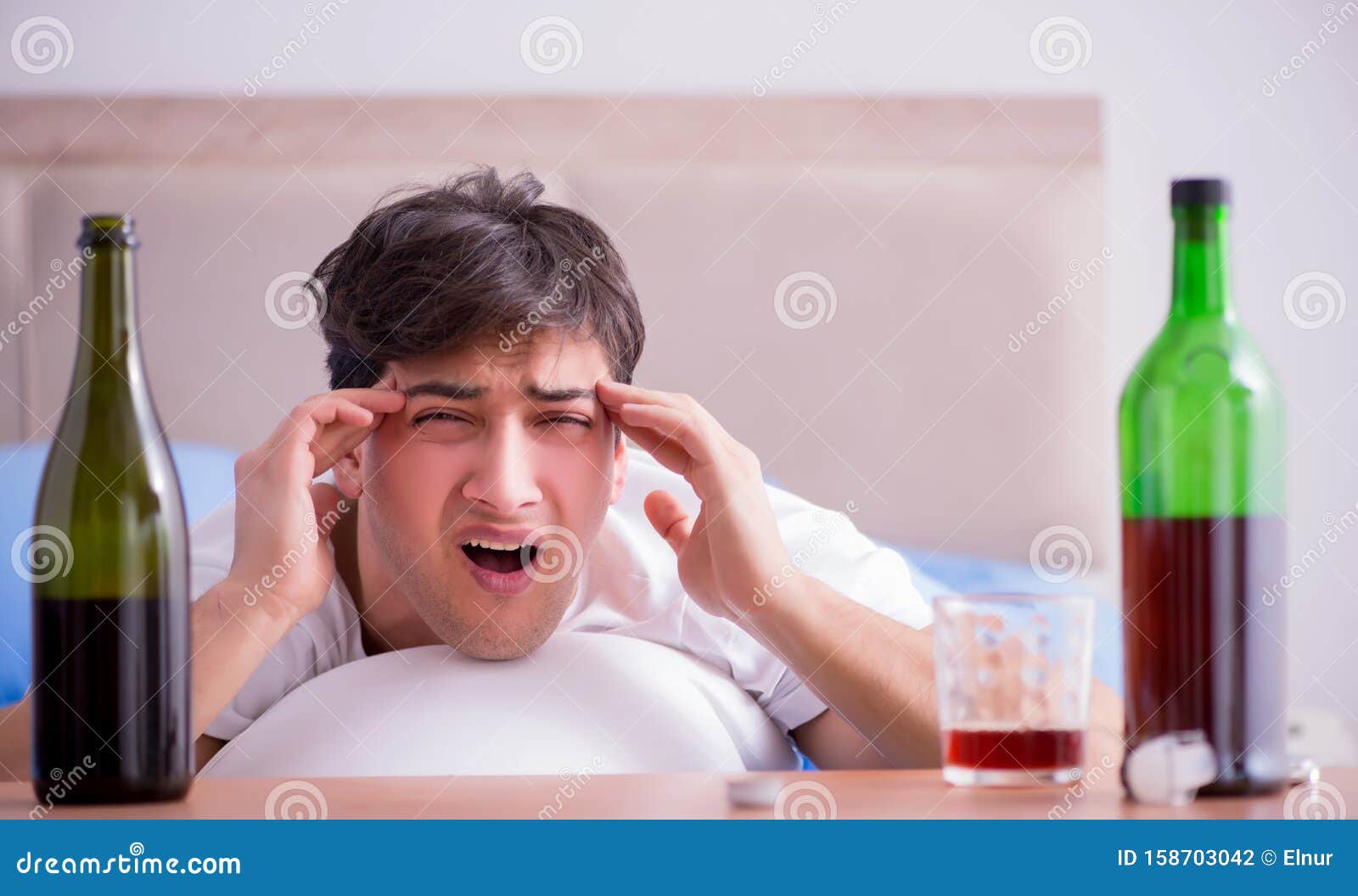 Man Alcoholic Drinking in Bed Going through Break Up Depression Stock ...