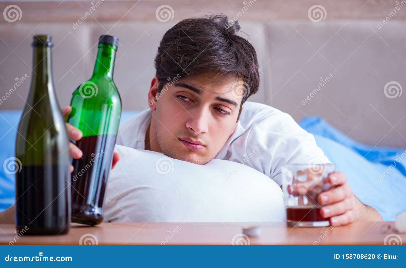 Man Alcoholic Drinking in Bed Going through Break Up Depression Stock ...