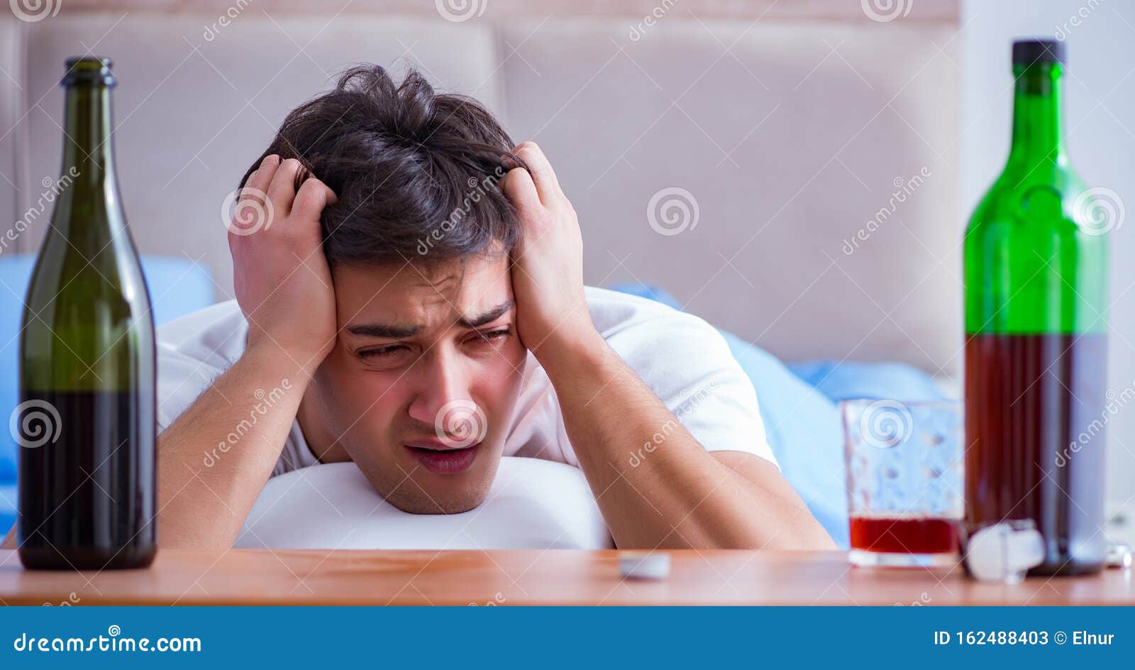 Man Alcoholic Drinking in Bed Going through Break Up Depression Stock ...
