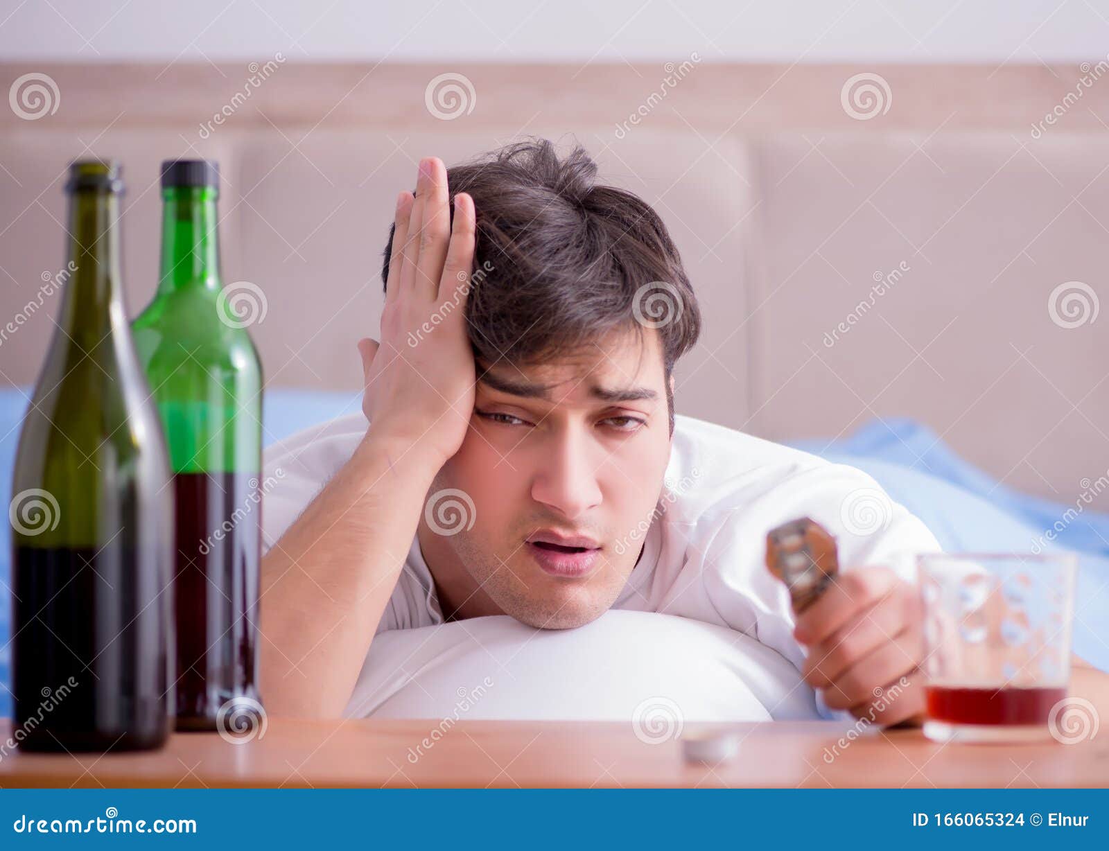Man Alcoholic Drinking in Bed Going through Break Up Depression Stock ...