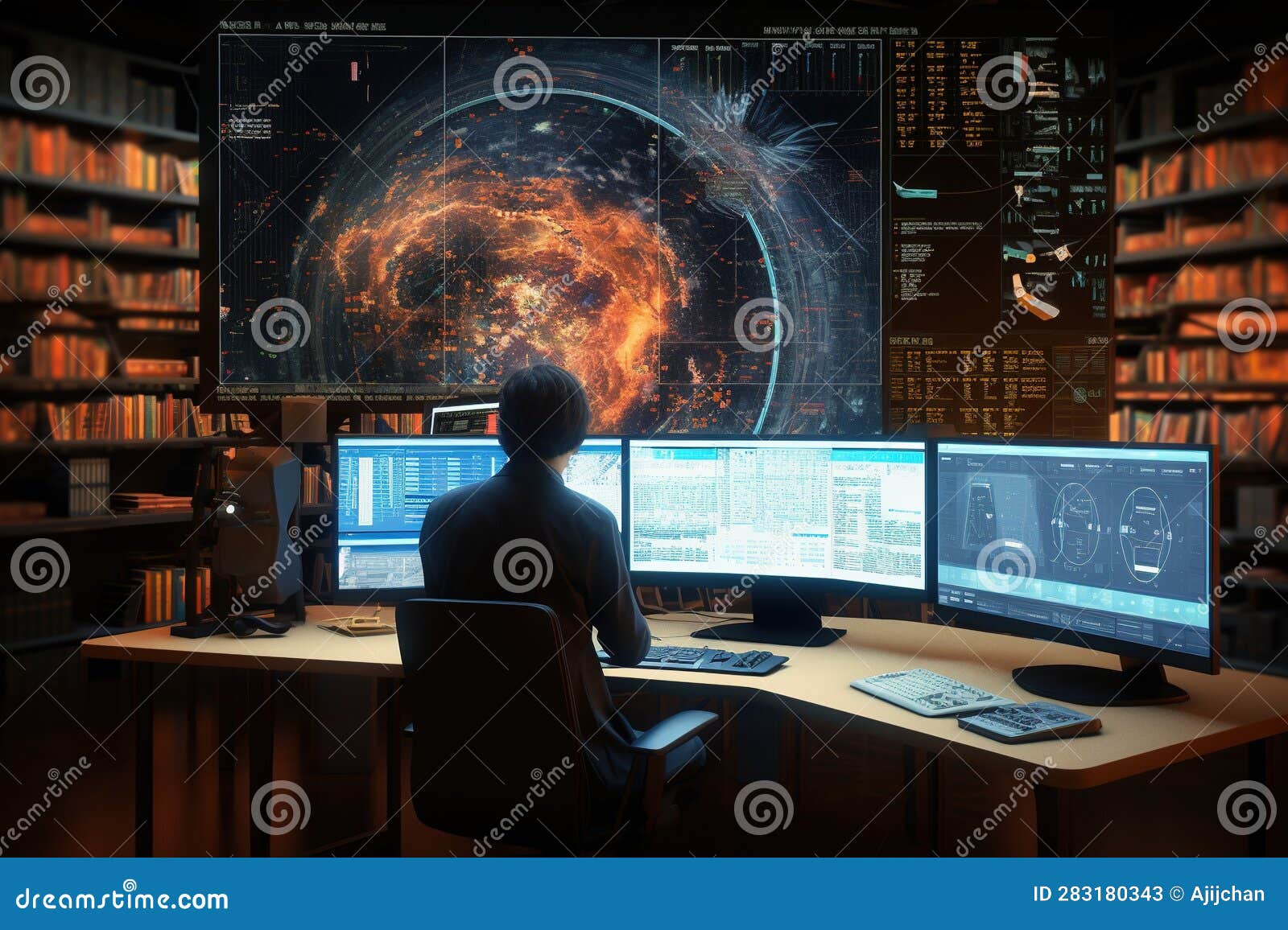 A Man Analysing Data on Multiple Screens in a Control Room Stock ...