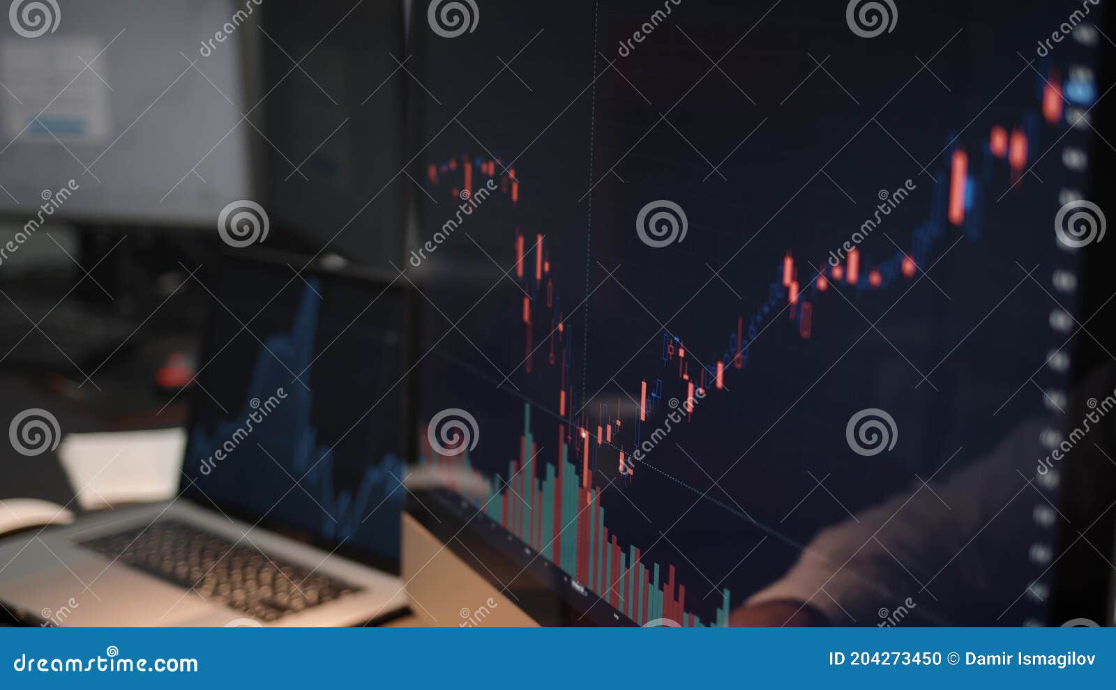 Man Analysing Stock Market Changes in Home Office, Computer Display ...