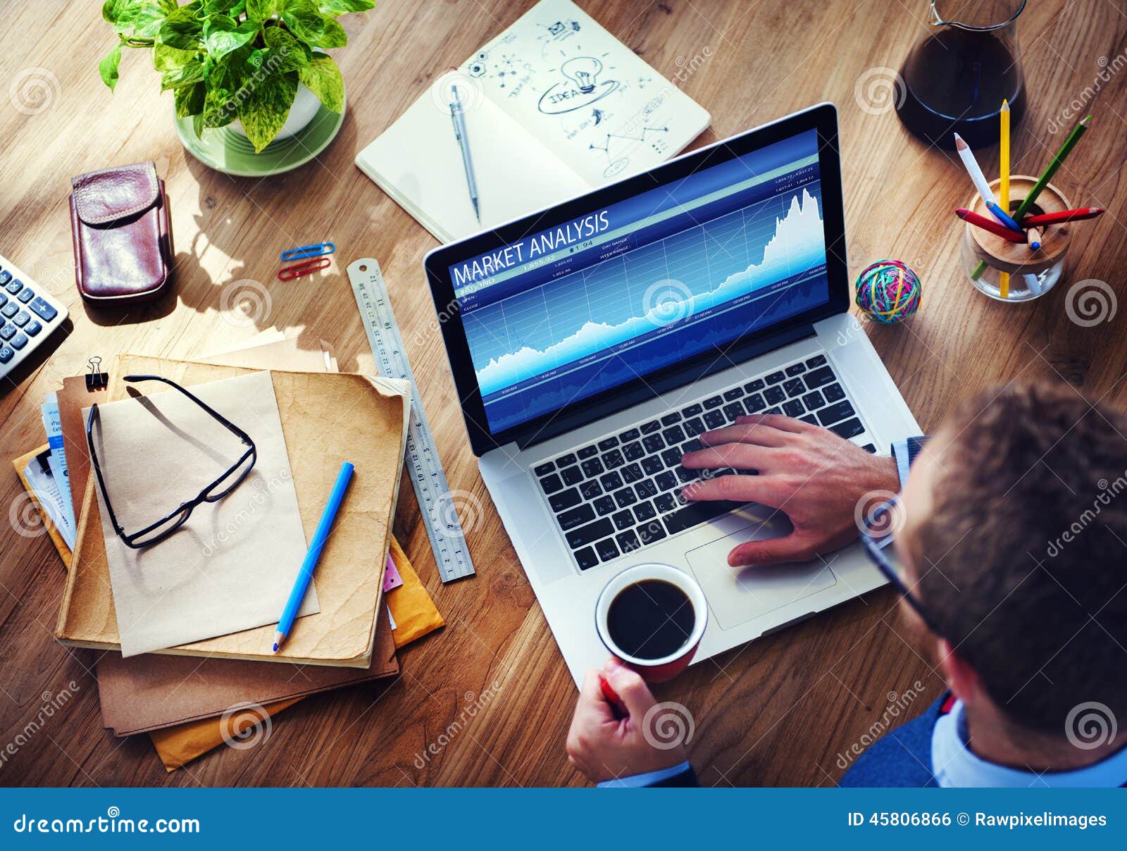 Man Analysis the Market on Computer Stock Photo - Image of ...