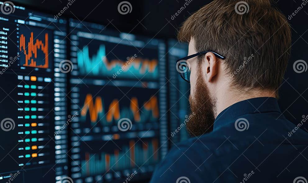 A Man Analyzes Data on Multiple Screens, Showcasing Graphs and ...