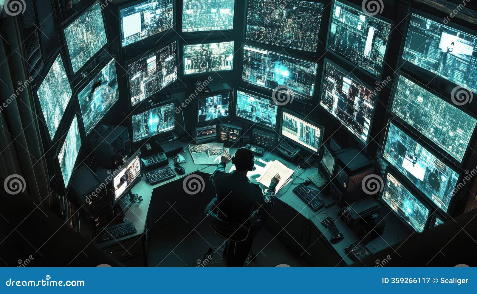 Man Analyzing Data In Dark High Tech Control Room With Multiple Screens And Computers Displaying