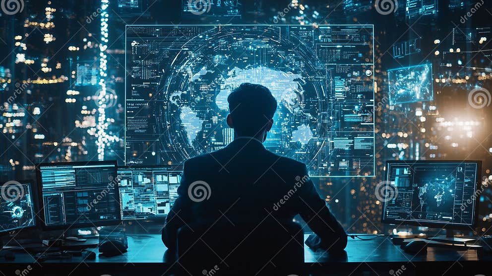 Man Analyzing Global Data on Large Digital Screens in Futuristic Setting Stock Image - Image of ...