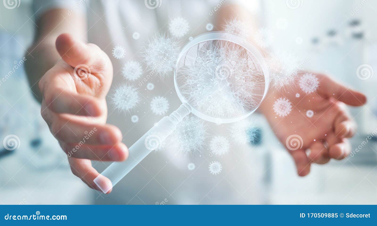 Man Analyzing Holographic Cell Projection through Magnifying Glass 3D ...