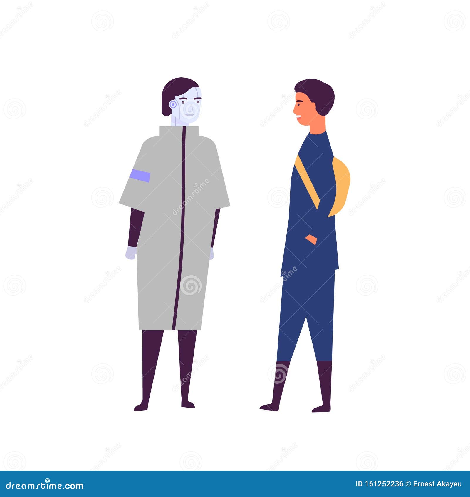 Man and Android Communicating Flat Vector Illustration. Happy Young Guy ...