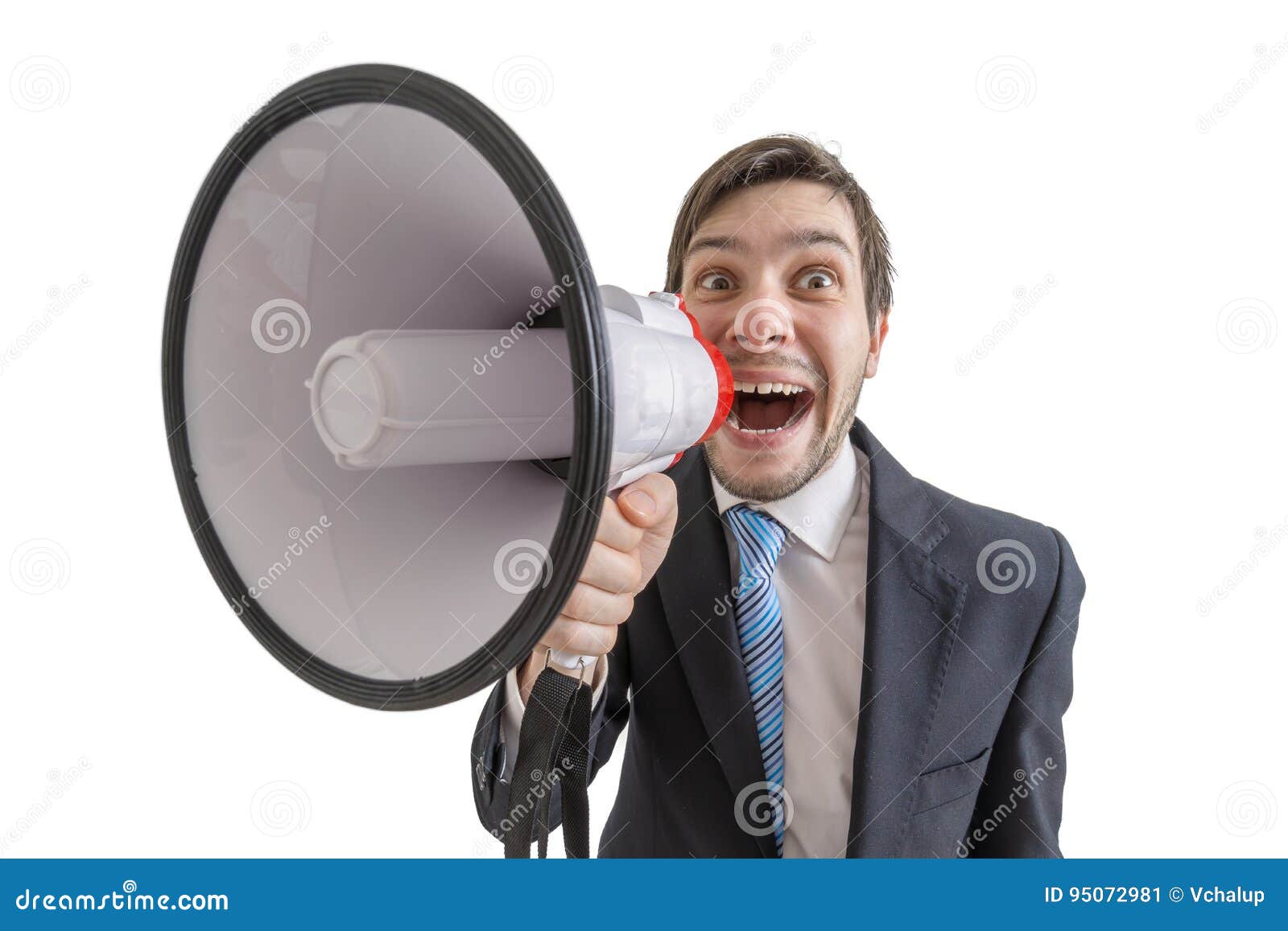 Man is Announcing Advertisement with Megaphone. Isolated on White ...
