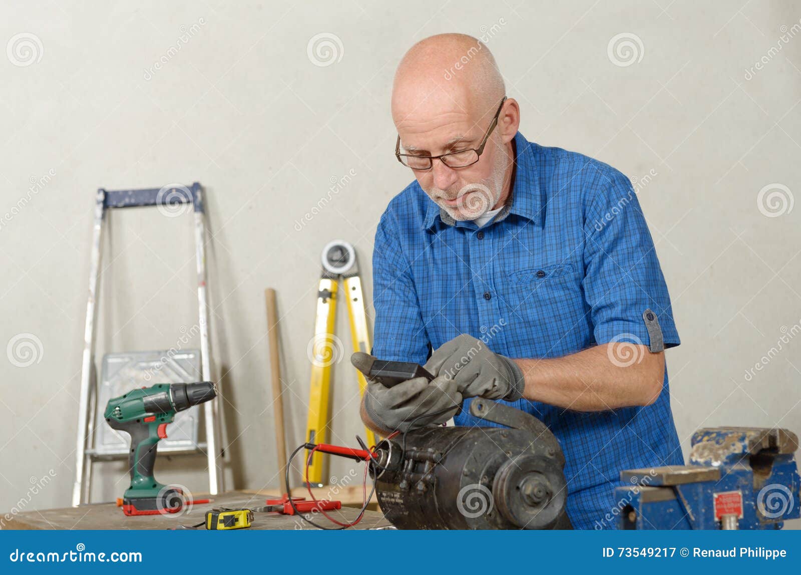 Man with Antique Generator for the Car Stock Image - Image of tool ...