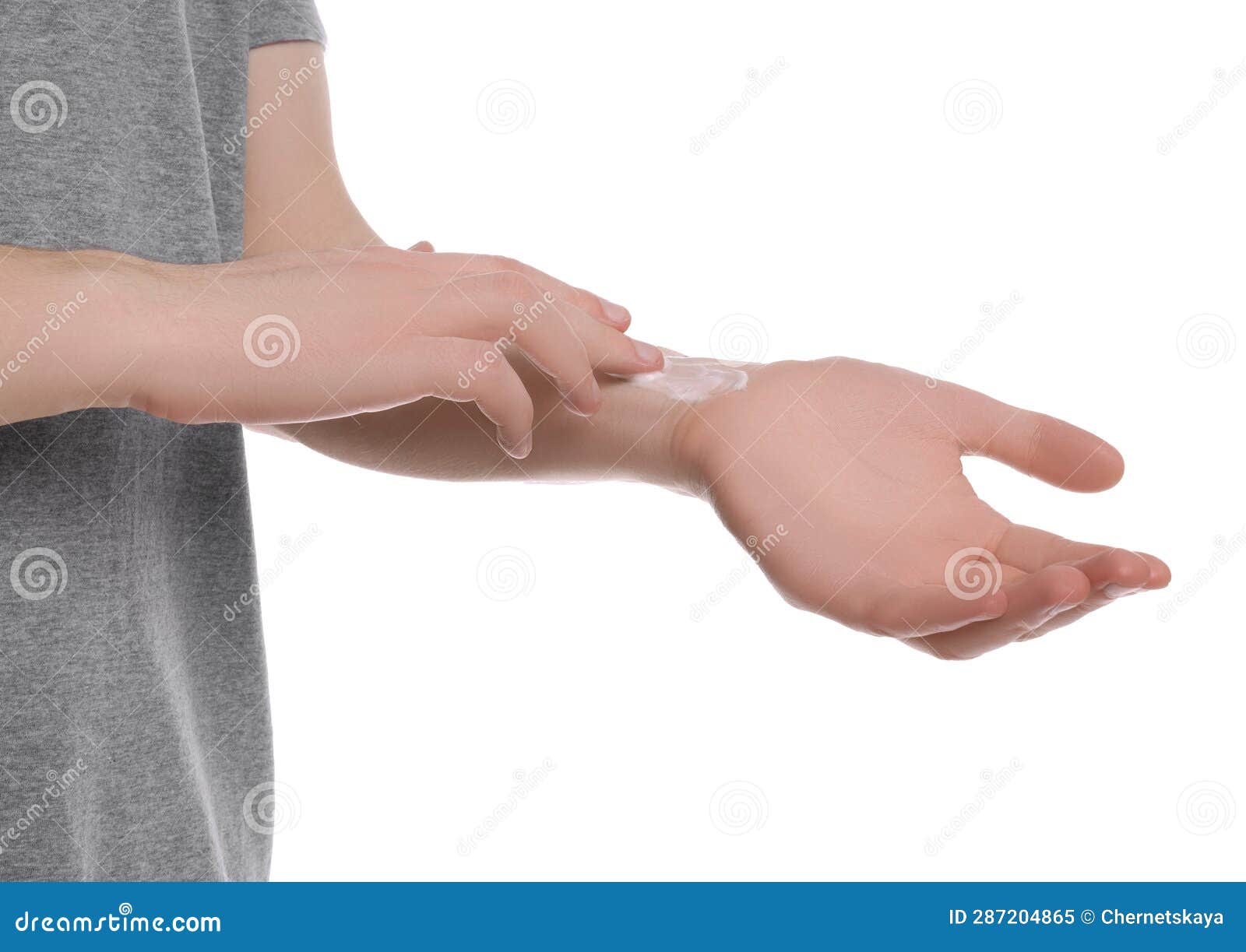 Man Applying Ointment Onto His Arm on White Background, Closeup Stock ...