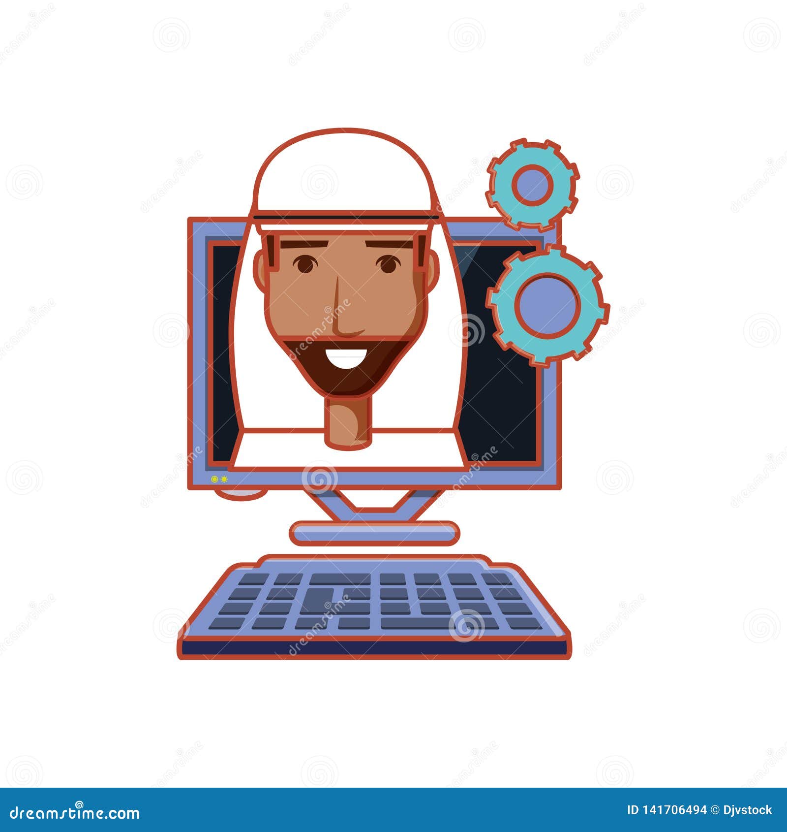 Man Arab with Computer Desktop and Gears Stock Vector - Illustration of ...