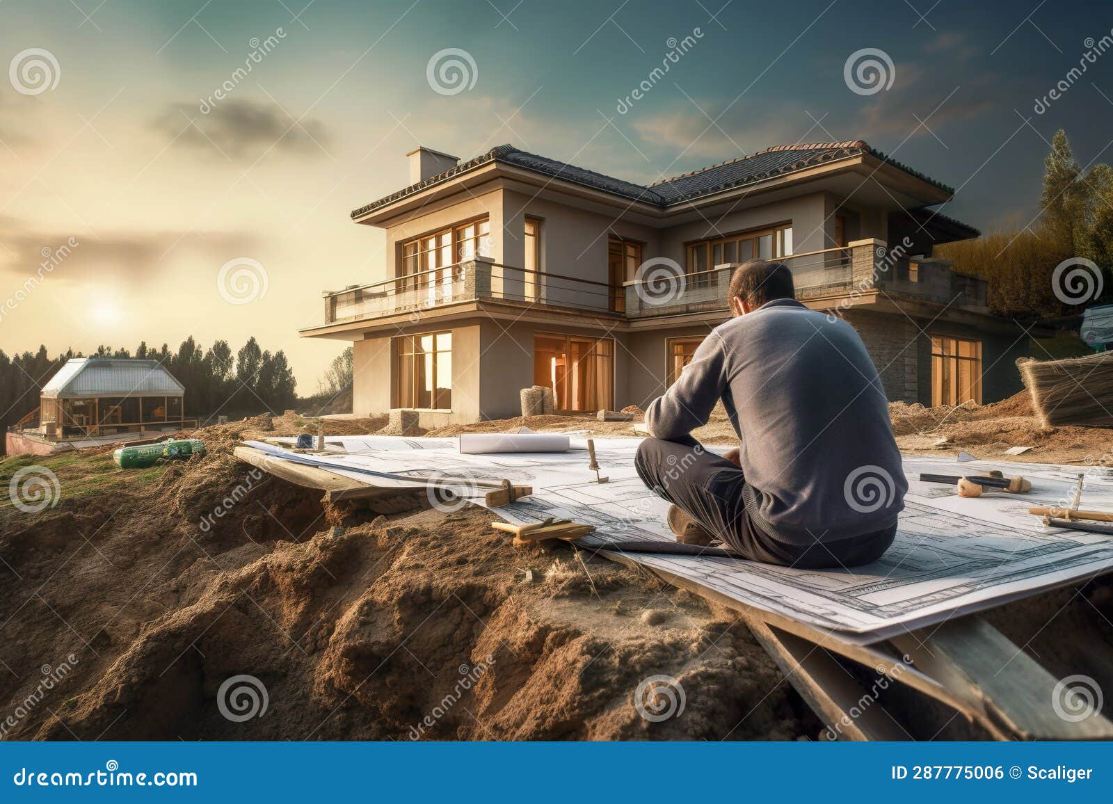 Man Architect or Builder Working Blueprint at Construction Site at ...