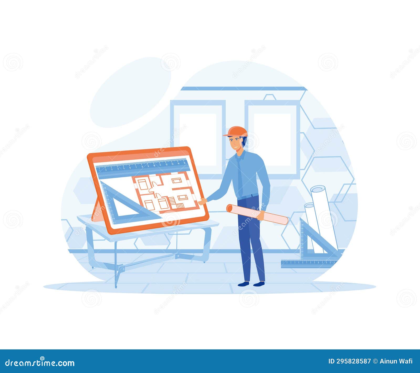 Man Architect Creator Drafting Flat Cartoon Vector Illustration. Stock ...