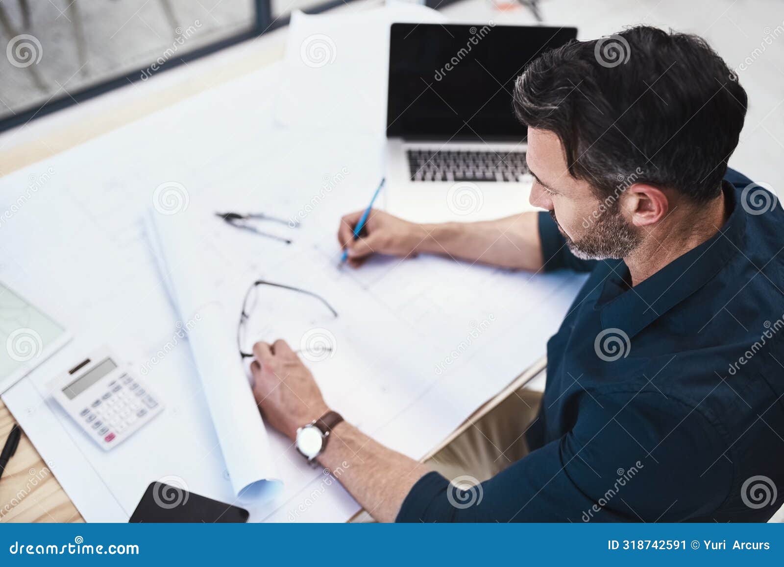 Man, Architect and Drawing Blueprint for Building Development for ...