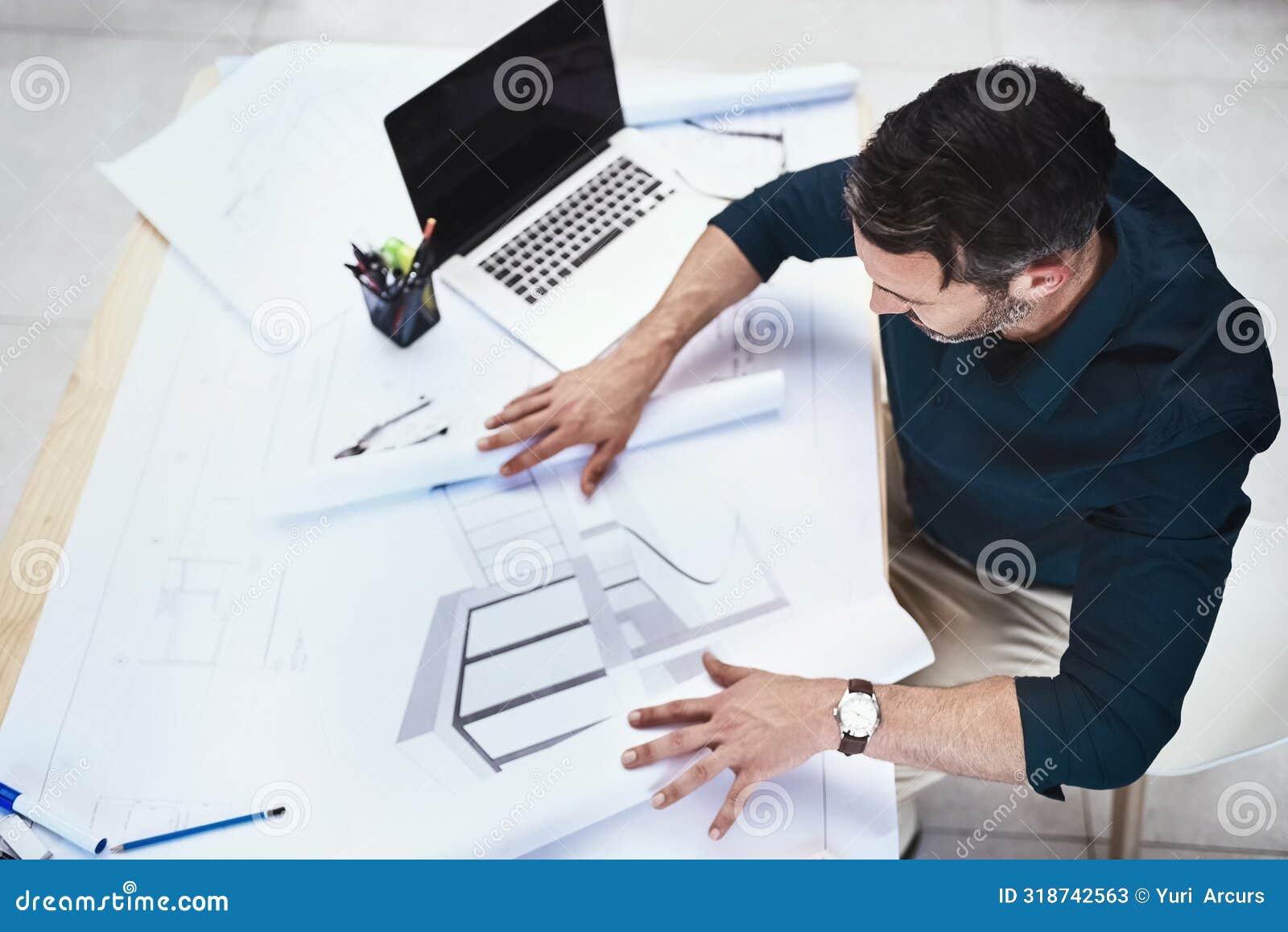 Man, Architect and Drawing Blueprint for Engineering or Creative ...