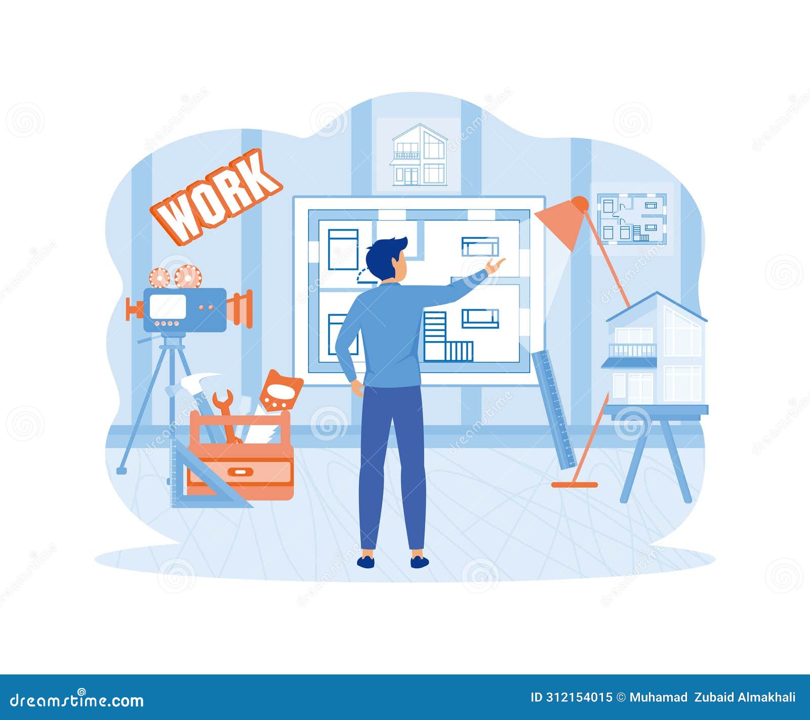 Man Architect Drawing House Project Floor Plan at Draftsman Studio with ...