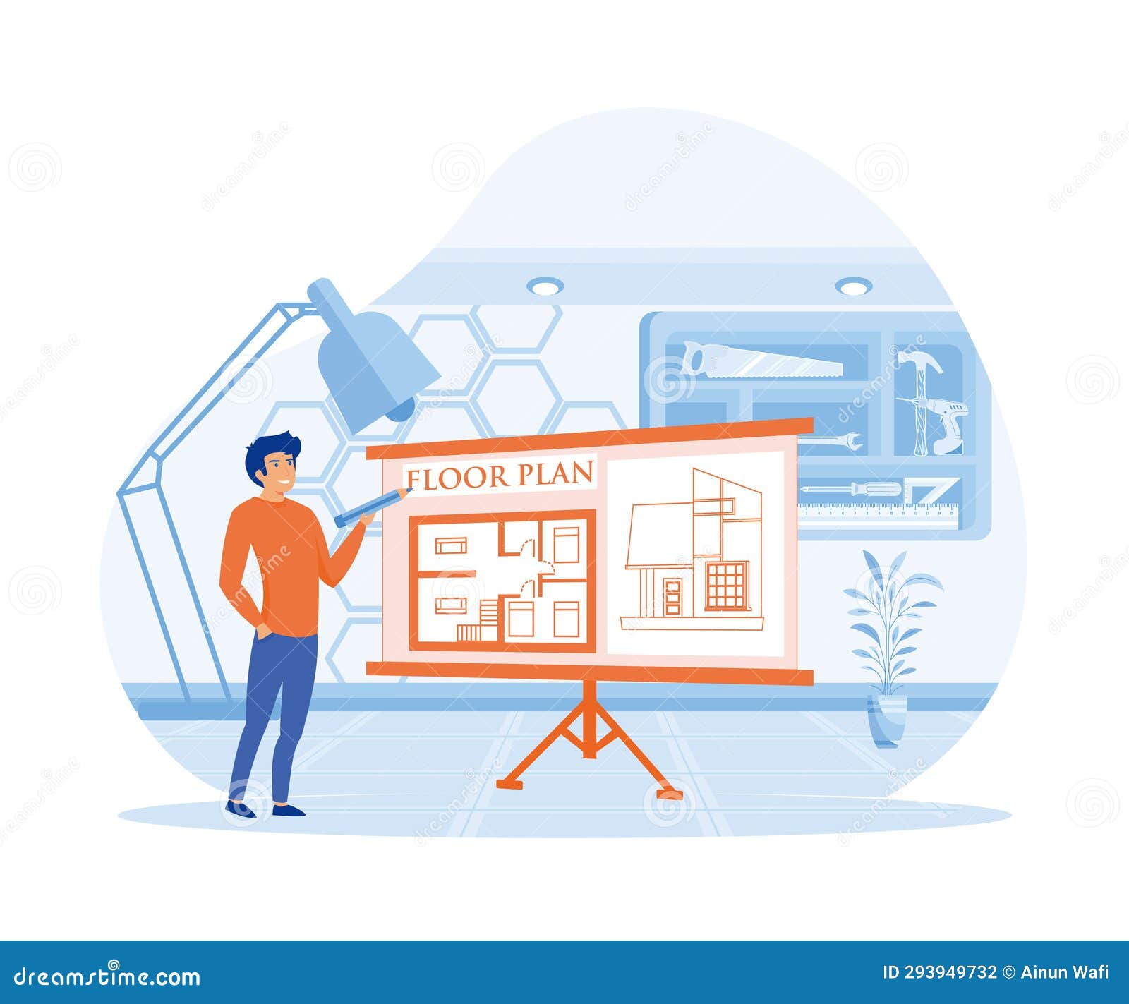 Man Architect Drawing House Project Floor Plan at Draftsman Studio with ...
