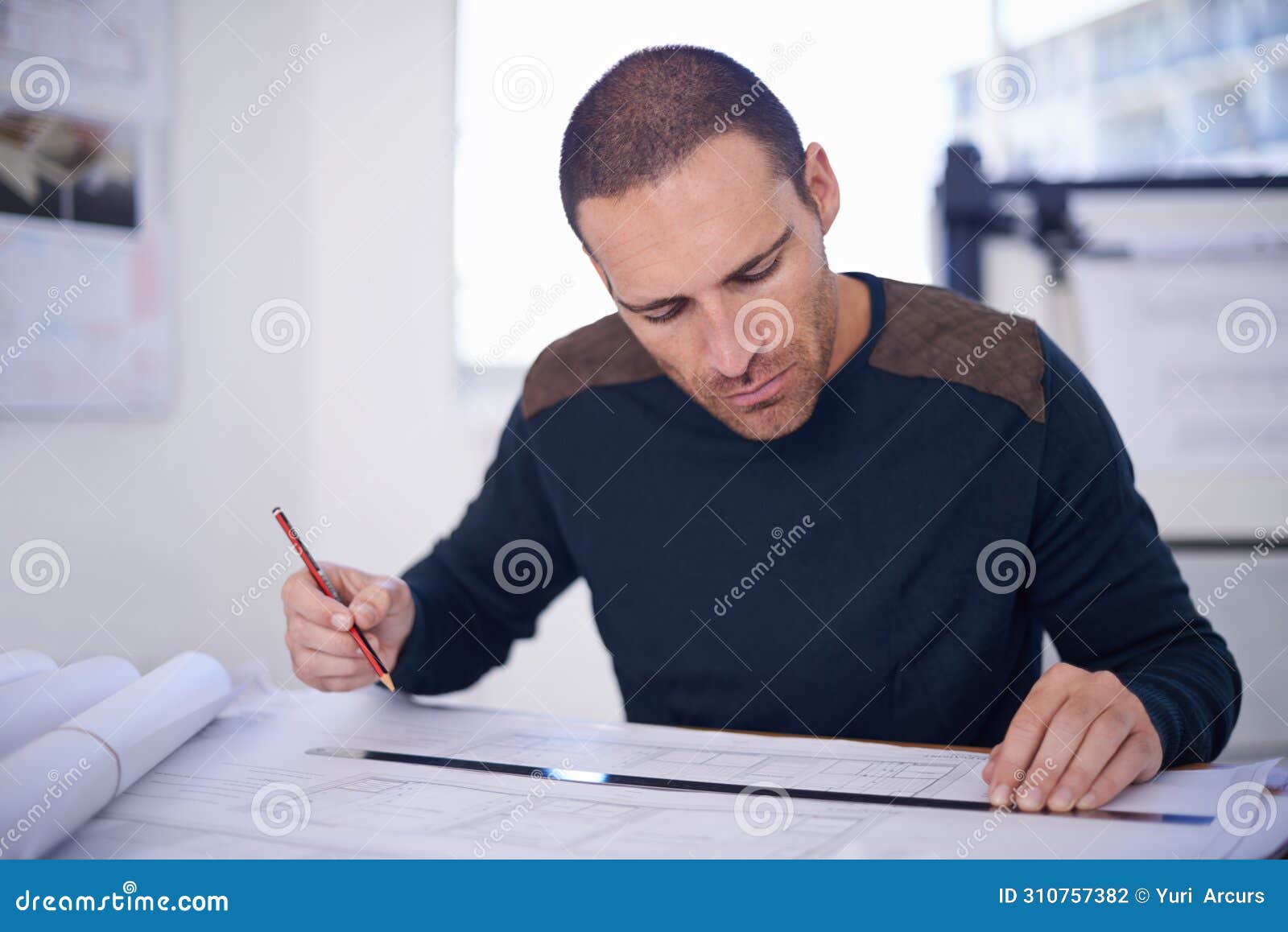 Man, Architect and Floor Plan or Drawing Contractor As Blueprint Design ...