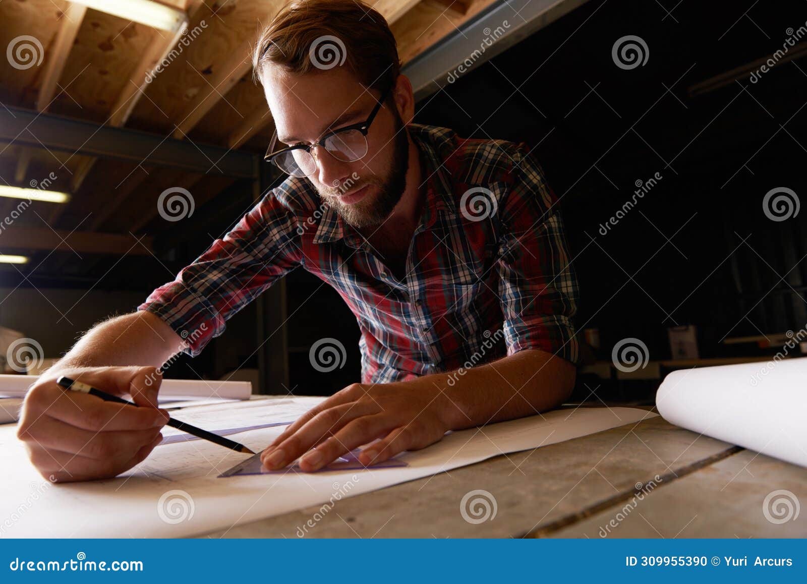 Man, Architect Sketch Blueprint and Engineering for Construction ...