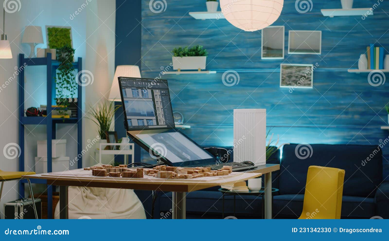 Man Architect Using Touch Screen Monitor with Building Model Stock ...