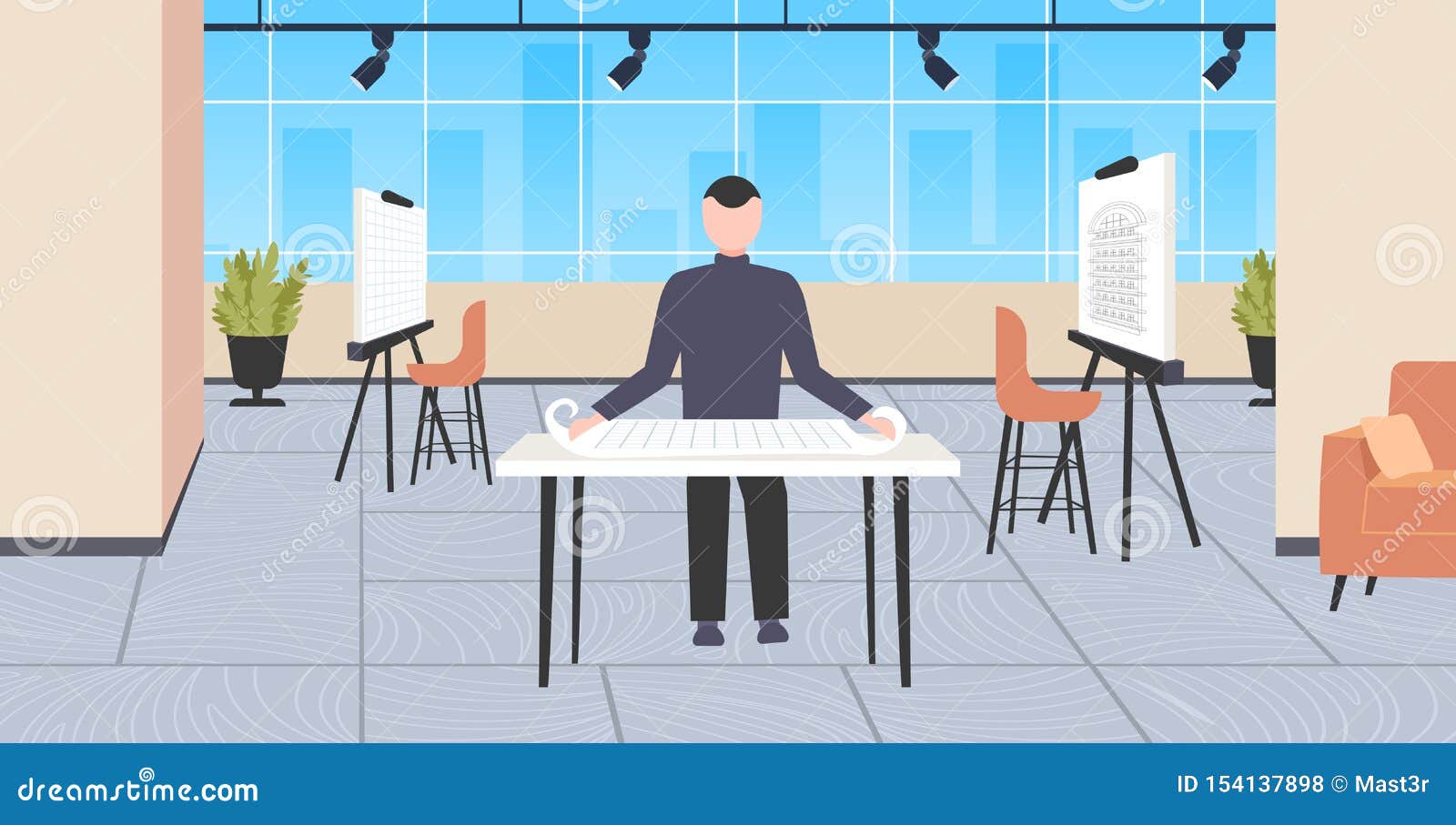 Man Architect Working with Blueprint Engineer Drafting New Building ...