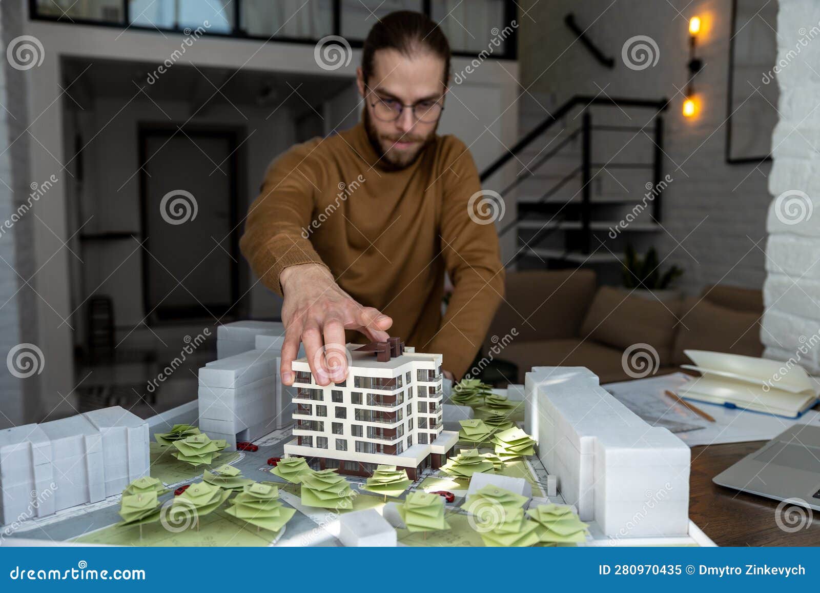 Man Architect Working in Office on Creation of New Residential Complex ...