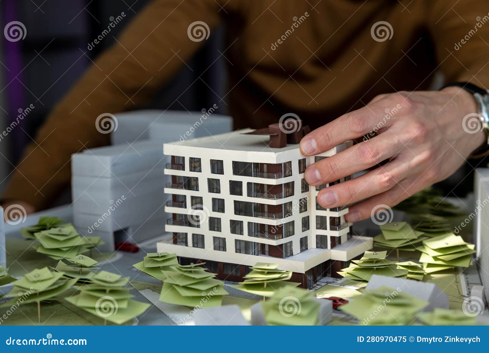 Man Architect Working in Office on Creation of New Residential Complex ...