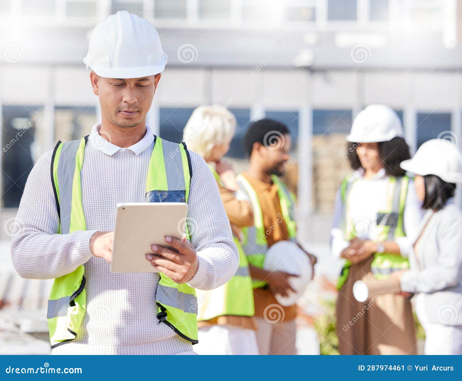 Man, Architecture and Tablet, Inspection at Construction Site with ...