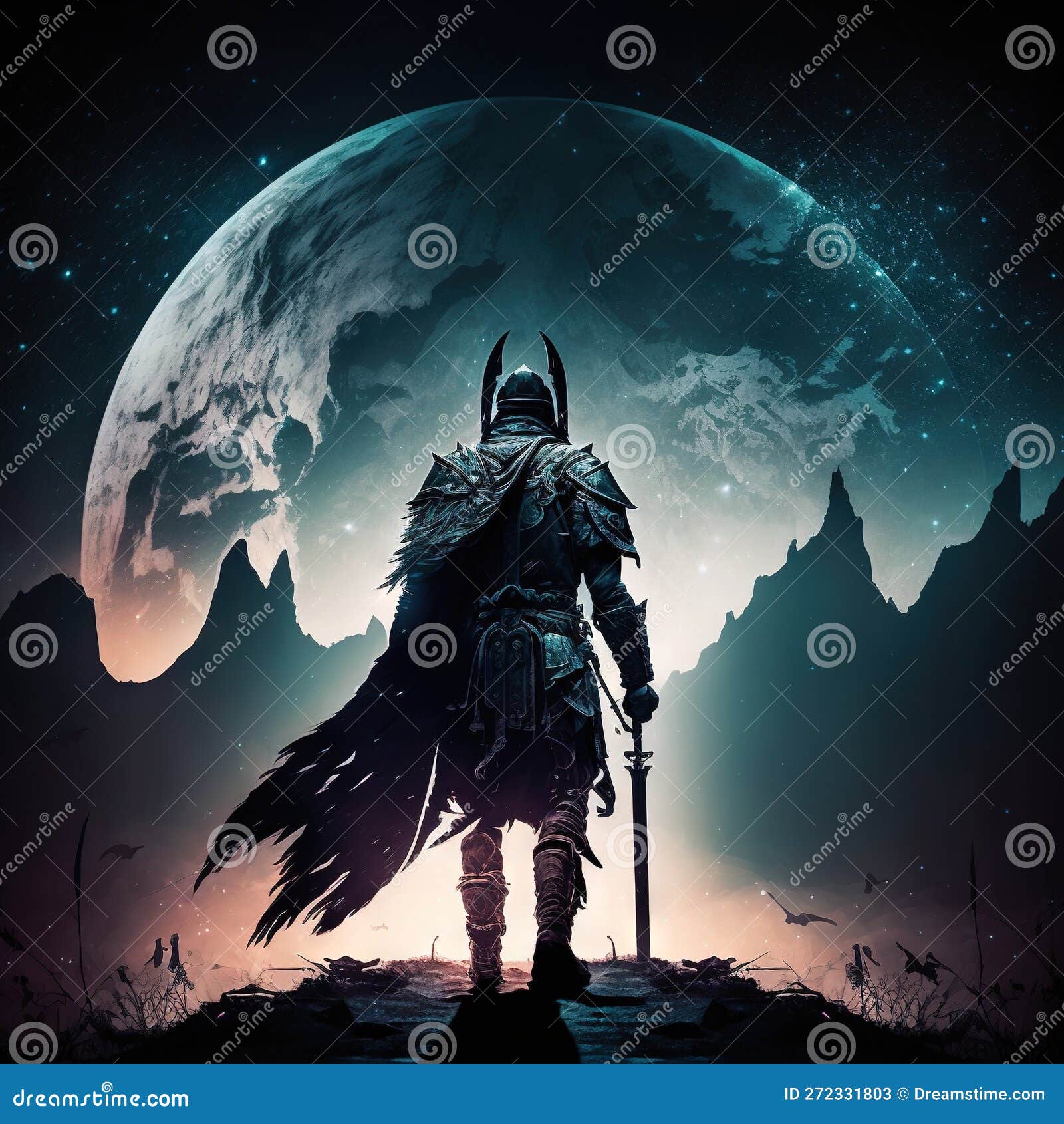 A Man in Armor Standing in Front of a Full Moon Stock Illustration ...