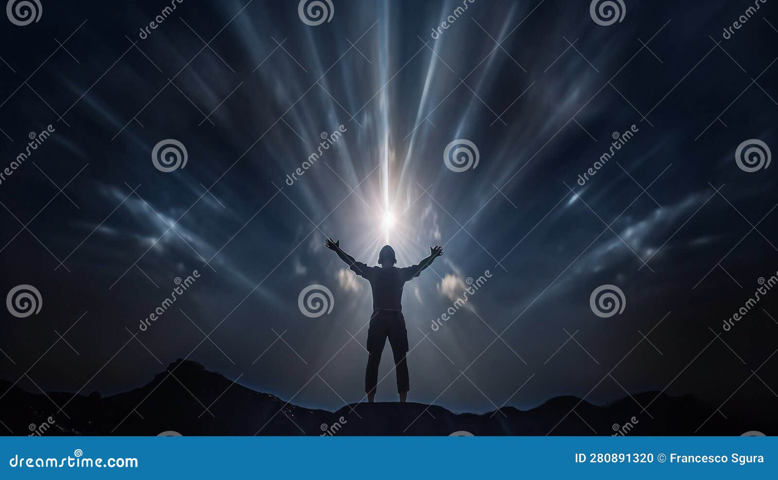 Man with Arms To the Sky Illuminated by a Beam of Heavenly Light Stock ...