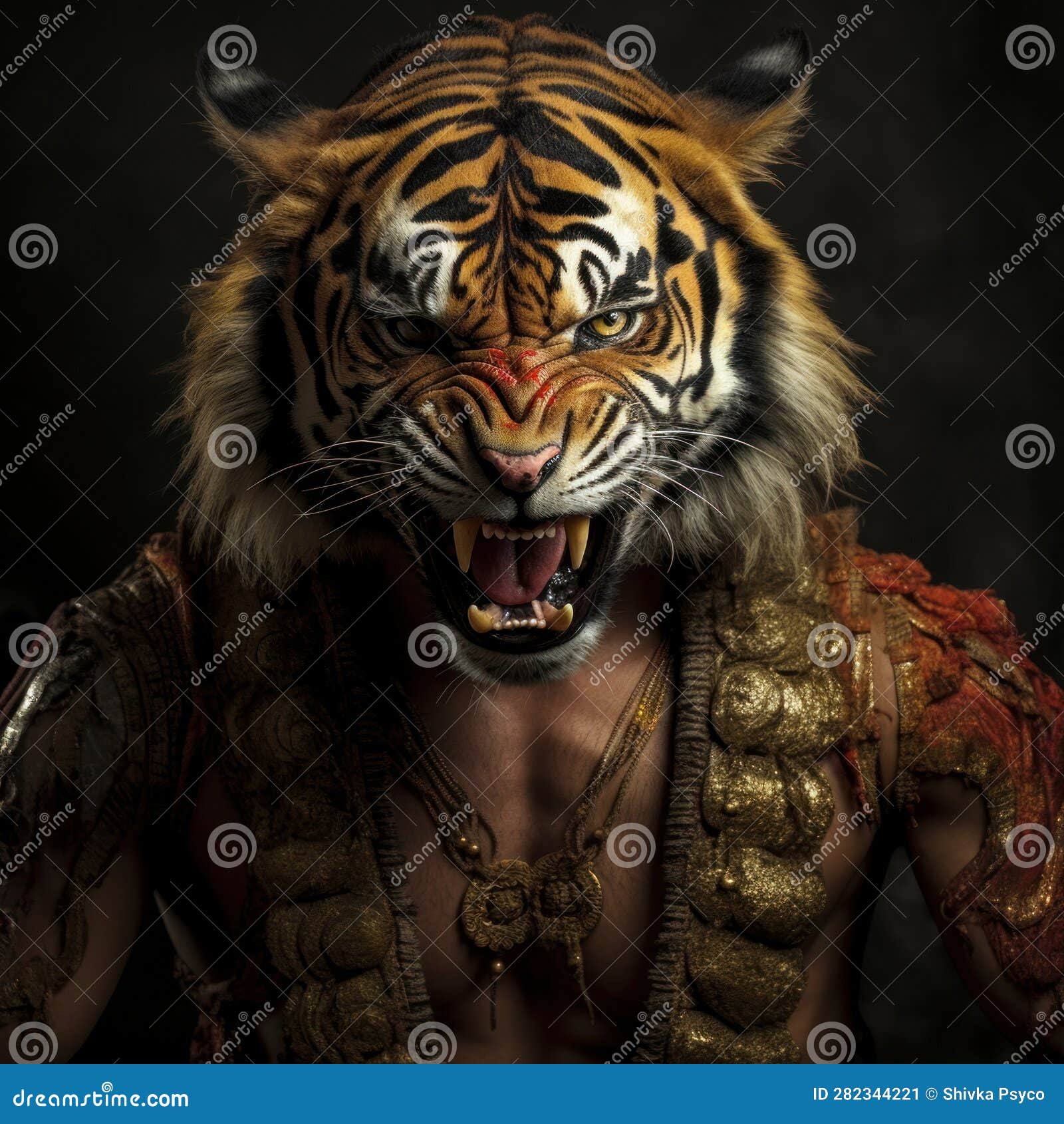 Roaring Face Of A Red Tiger Cartoon Vector | CartoonDealer.com #265810331