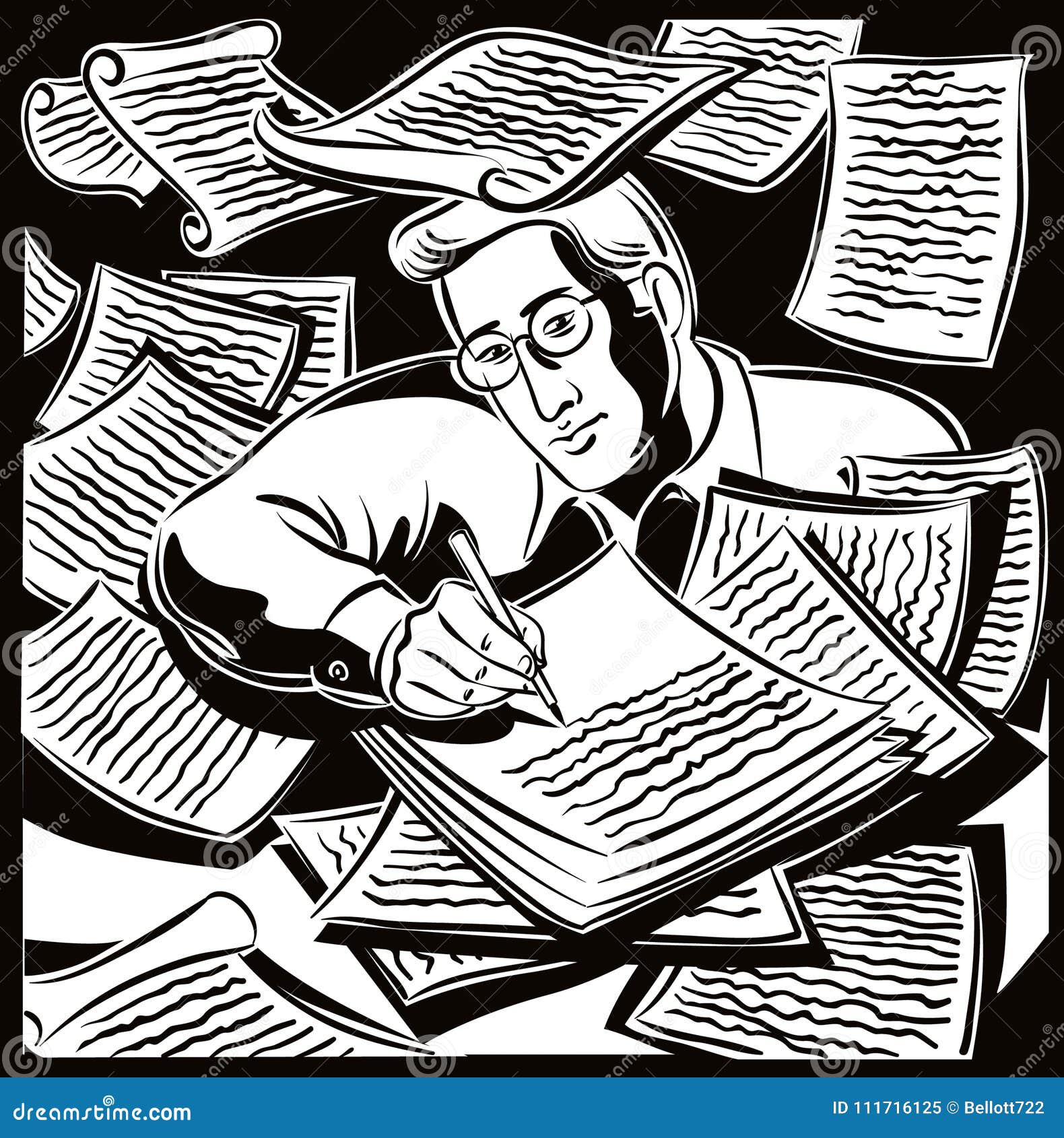 Man As he Writes on Many Sheets. Stock Illustration - Illustration of ...