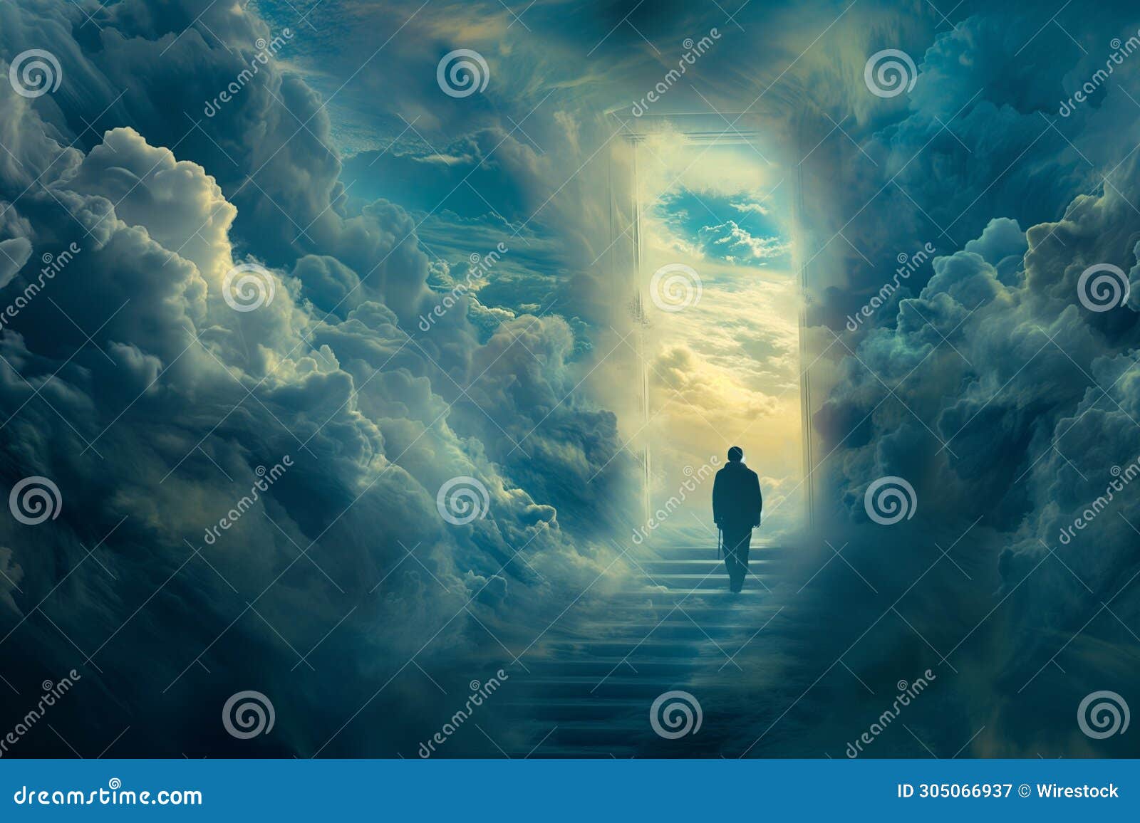 Man Ascending Stairs in Front of Archway in Vibrant Clouds Stock ...