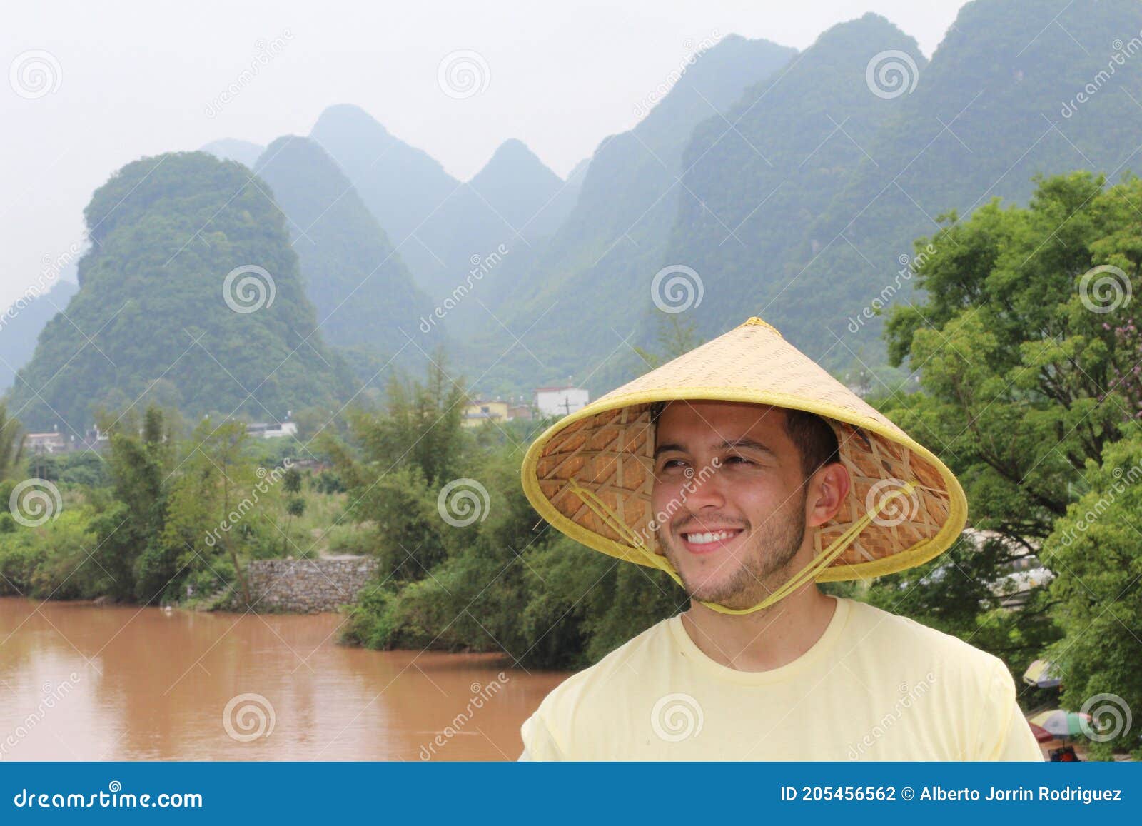 Man with Asian River Background Stock Photo - Image of male, mountains ...