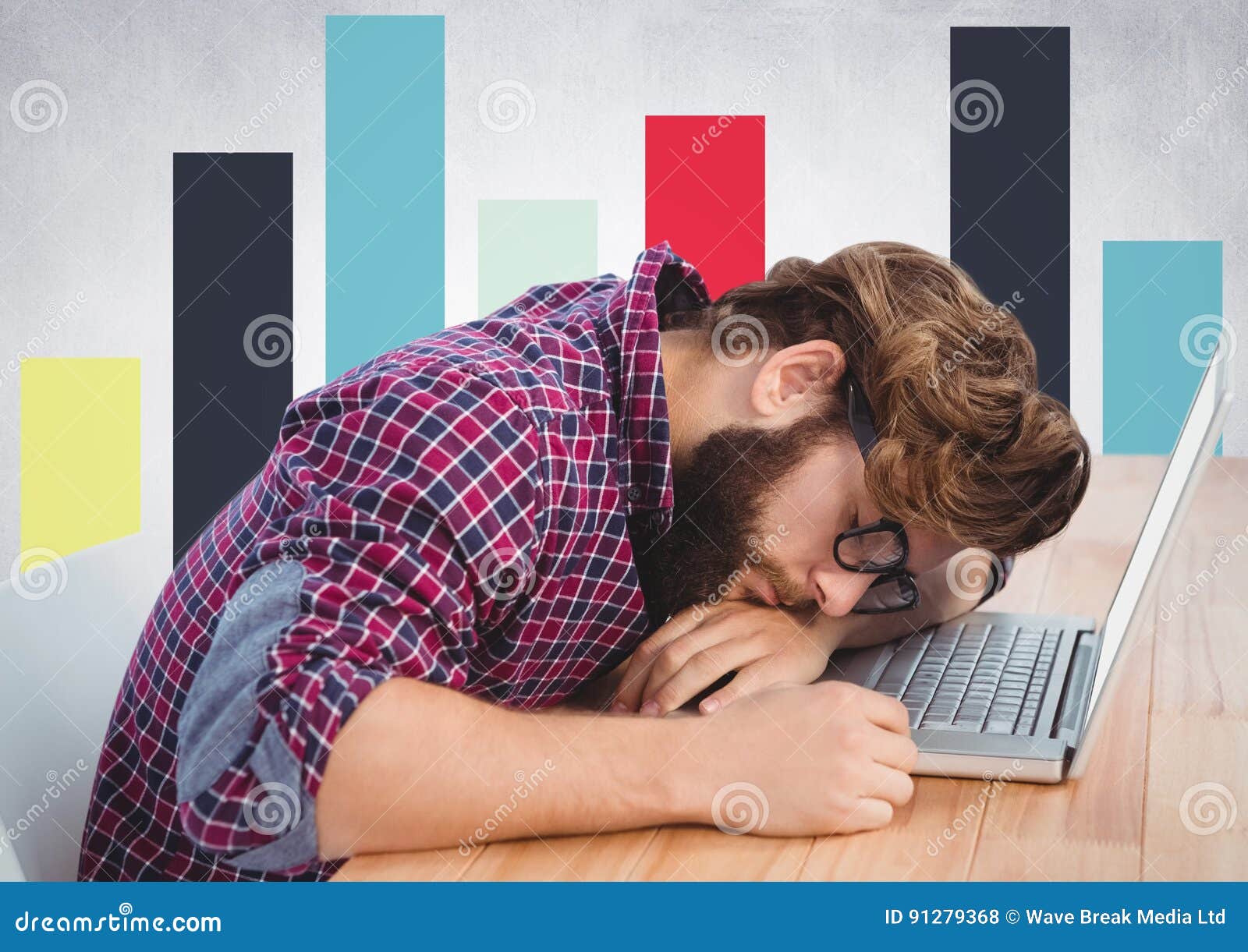 Man Asleep at Laptop and Colourful Graph Against White Wall Stock ...