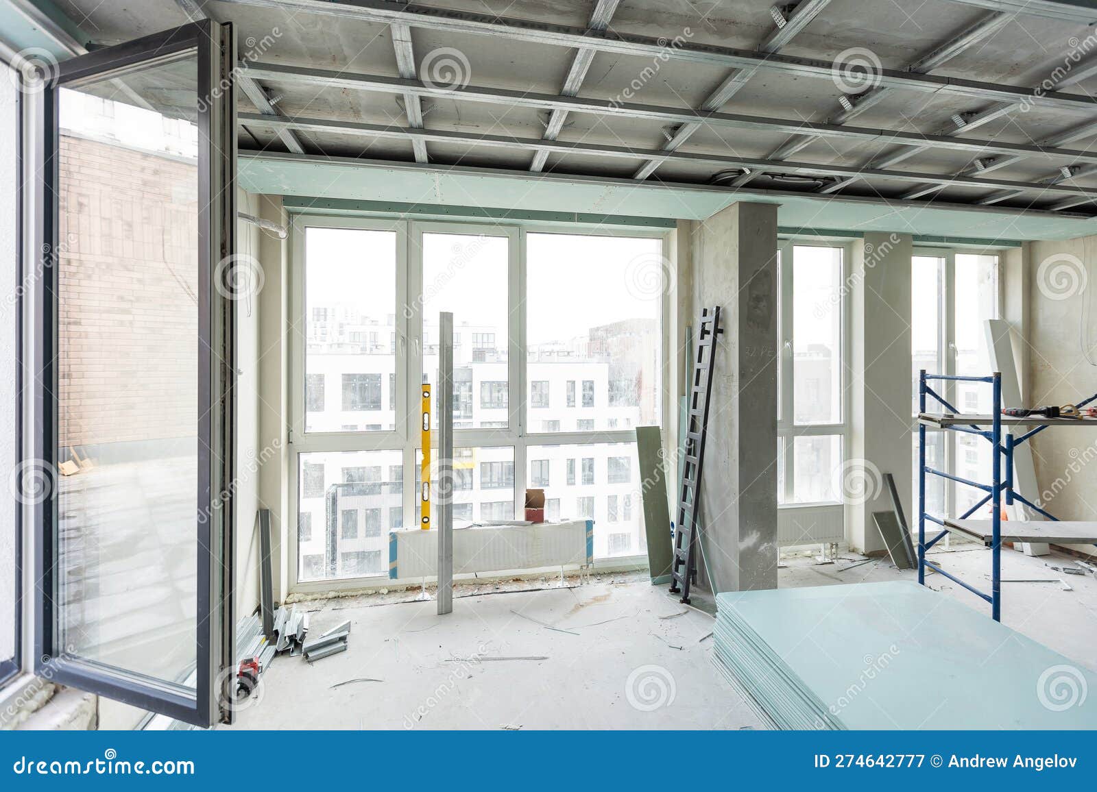 Man Assembles Profile Metal Frame for Plasterboard Ceilings Stock Image ...