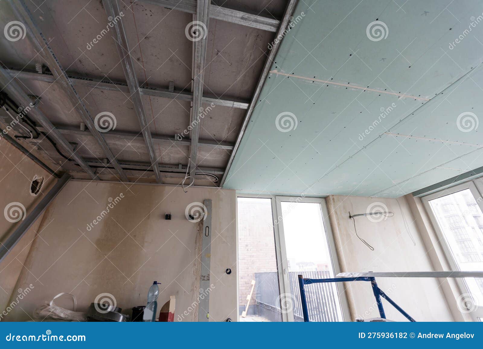 Man Assembles Profile Metal Frame for Plasterboard Ceilings Stock Photo ...