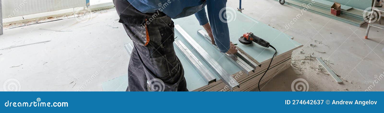 Man Assembles Profile Metal Frame for Plasterboard Ceilings Stock Image ...