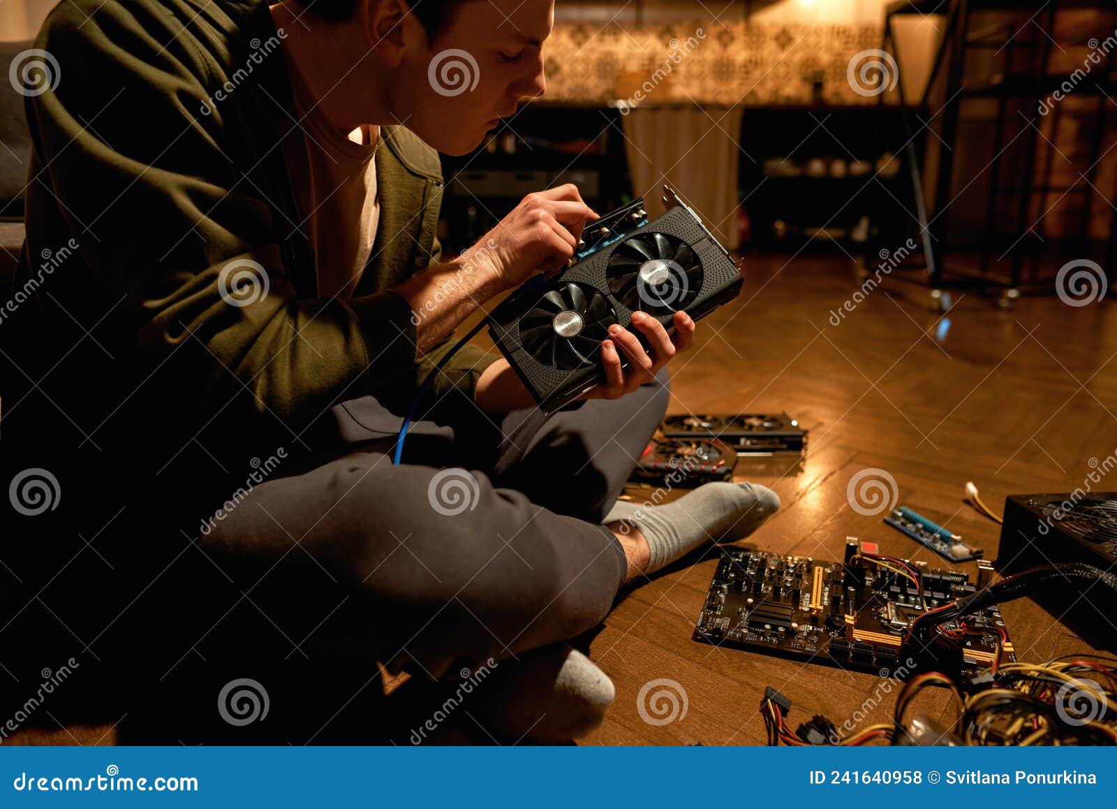 Man Assemble Graphics Card of Computer for Mining Stock Photo - Image ...