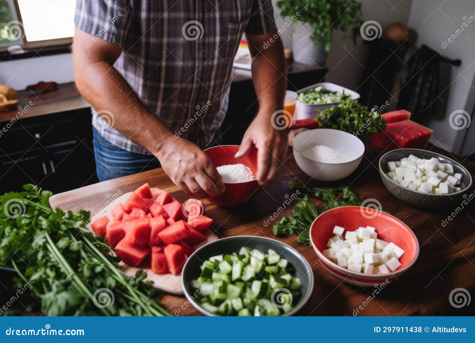 Man Assembling Ingredients for Watermelon and Feta Salad Stock Photo ...