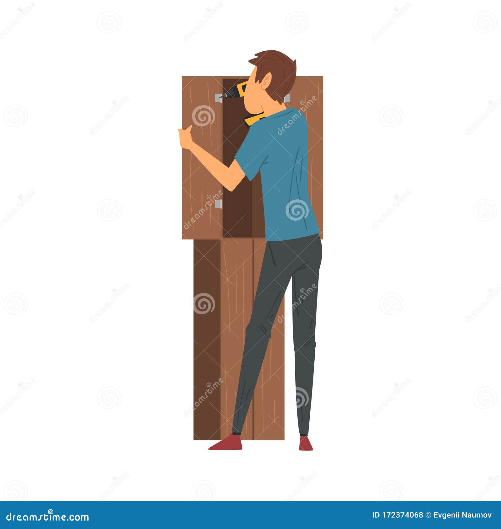 Man Assembling and Installing New Cupboard with Drill, Manual Furniture ...