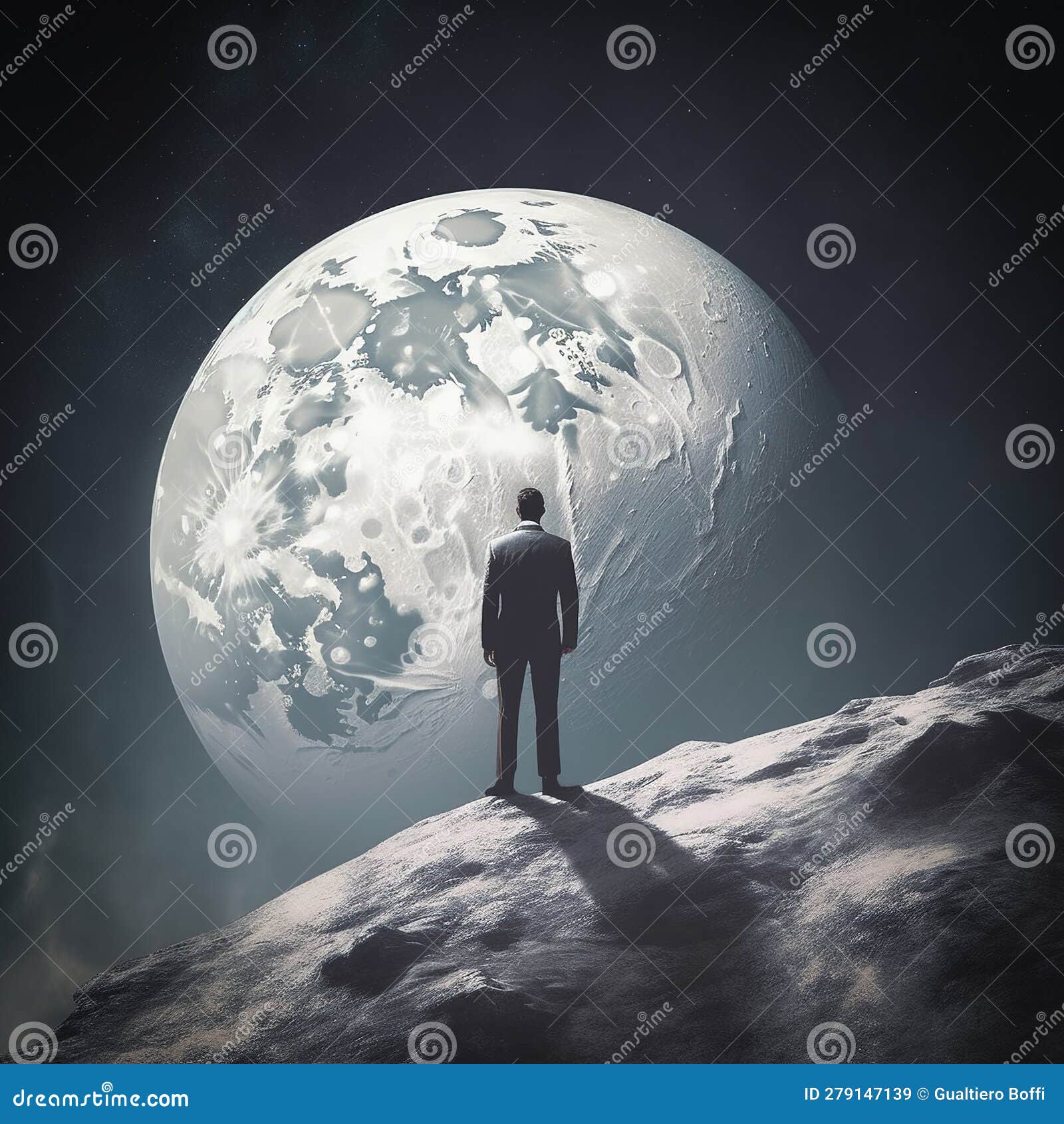 Man on an Asteroid Observing the Moon Stock Illustration - Illustration ...