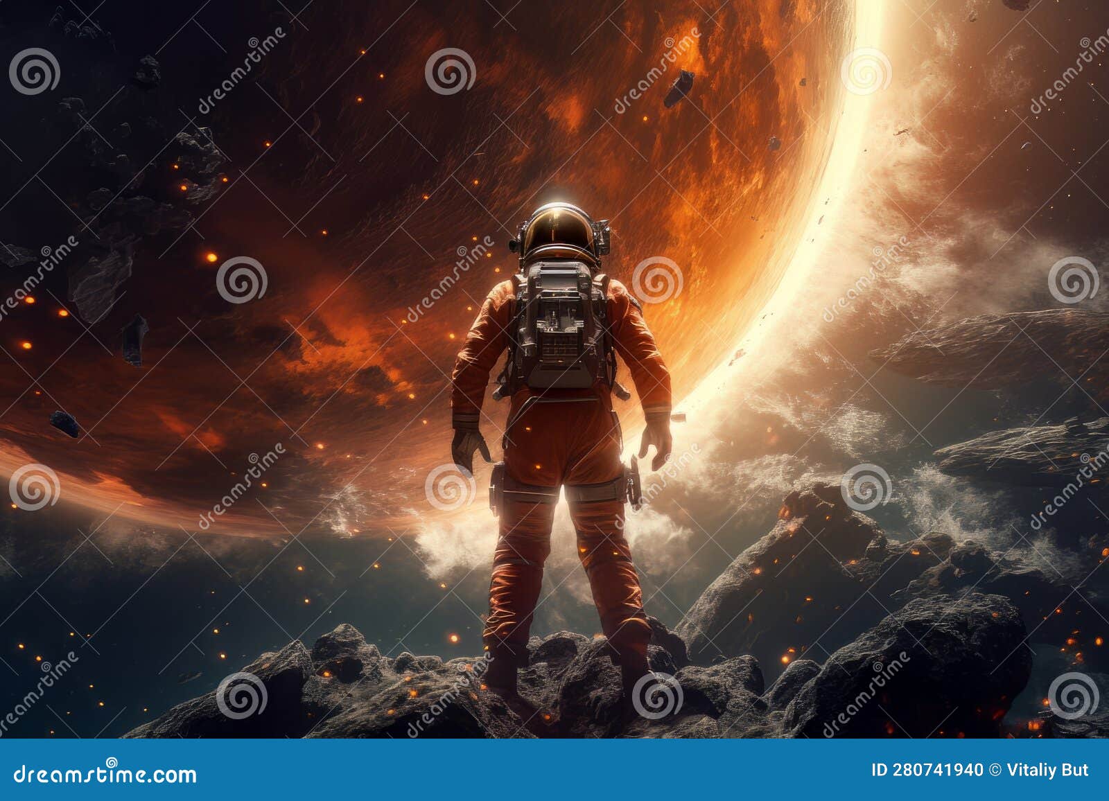 Man Astronaut in a Spacesuit on the Surface of the Planet in Outer ...