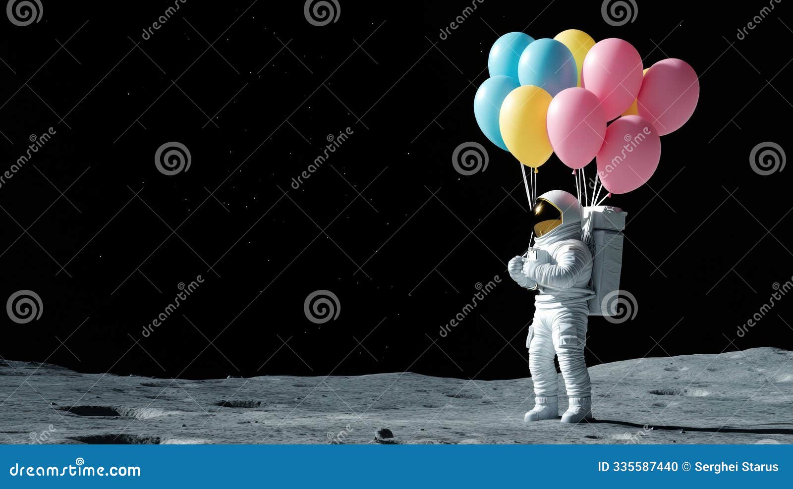 A Man in an Astronaut Suit Standing on the Moon Holding Balloons, AI ...