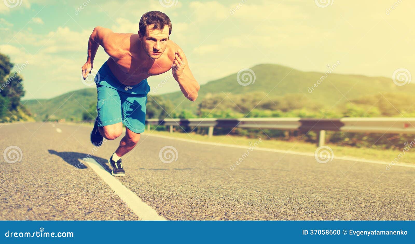 Man Athlete Running on the Nature at Sunset Stock Photo - Image of ...