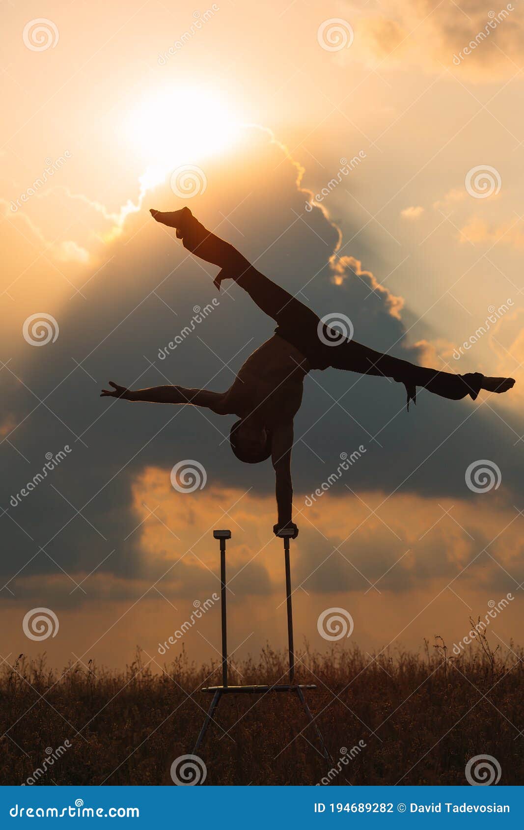 A Man of Athletic Build Performs Complex Gymnastic Exercises in a Field ...