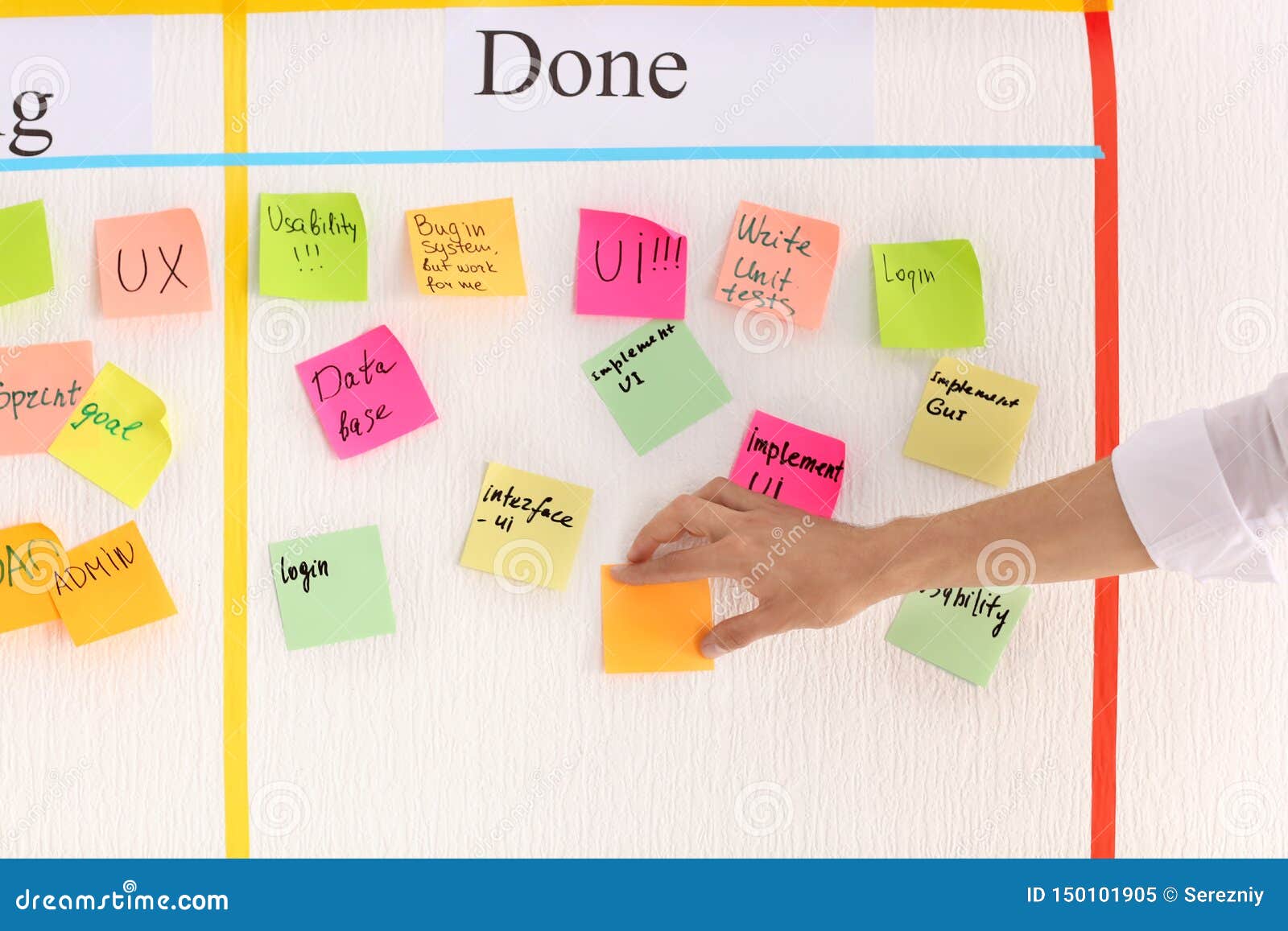 Man Attaching Sticky Note To Scrum Task Board in Office Stock Image ...