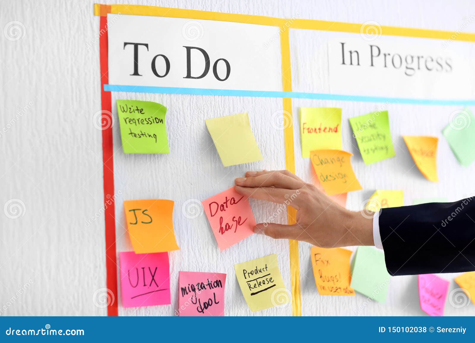 Man Attaching Sticky Note To Scrum Task Board in Office Stock Photo ...